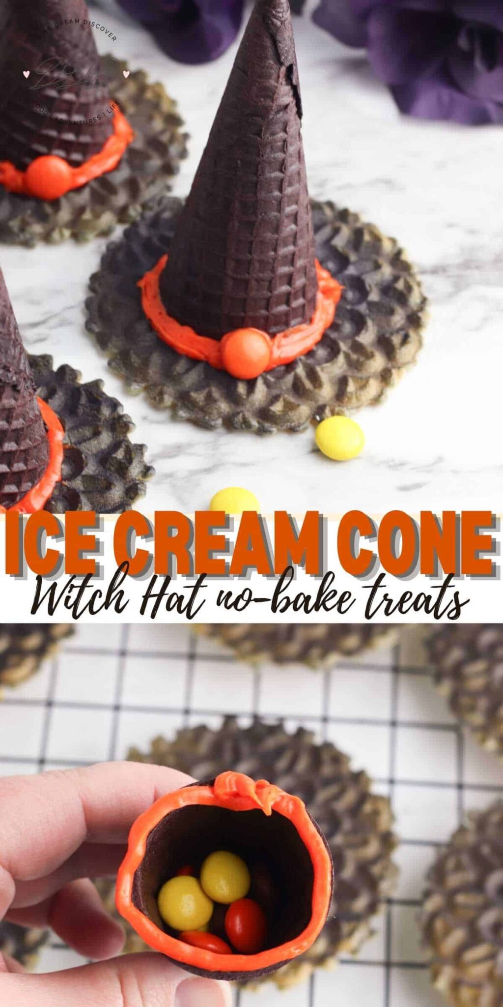 Ice Cream Cone Witch Hats no-bake Halloween treats - Dine Dream Discover